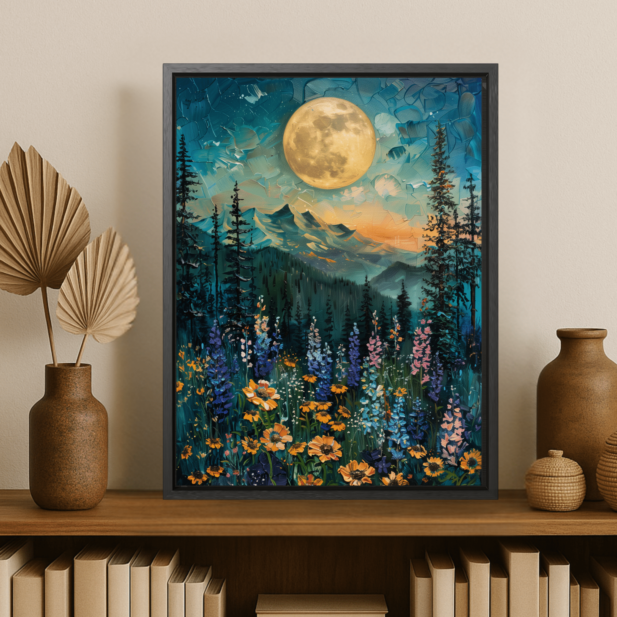 Moonlit Mountain Meadow Wall Art – Colorful Nature Landscape Print (Po – Sunrise Art Creations