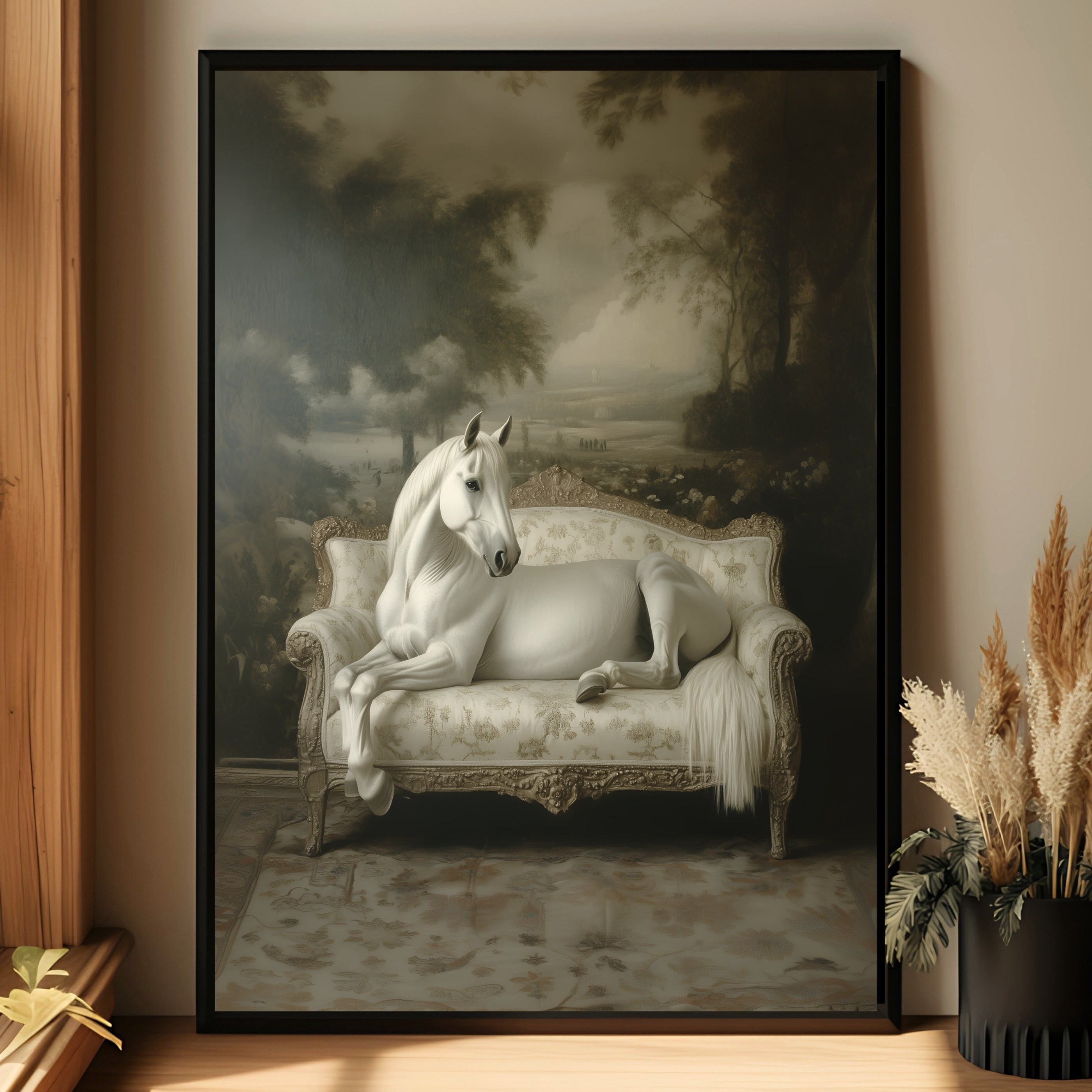 Surreal Moody Horse Equestrian Artwork White Horse on Vintage Sofa, Baroque Animal Portrait ...